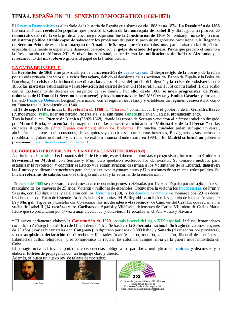 TEMA 4. El Sexenio Revolucionario (1868-1874) - 2 | PDF | Política de españa | España