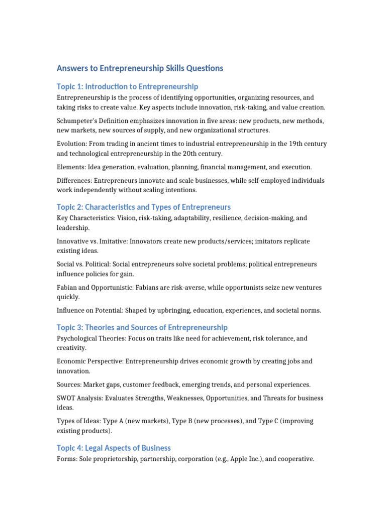 Entrepreneurship Skills Answers | PDF | Entrepreneurship | Innovation