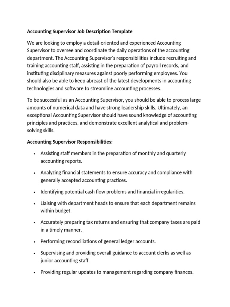 Accounting Supervisor Job Description Template | PDF