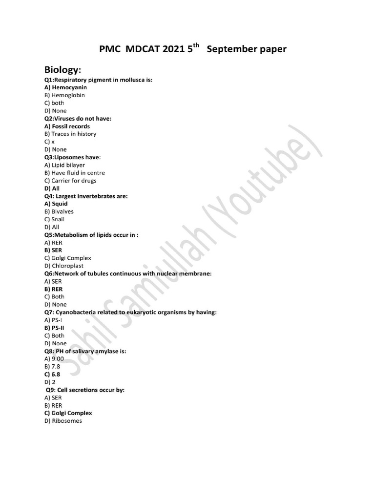 PMC MDCAT 2021 5th(Sep) by Sahil Samiullah YouTube Channel | PDF