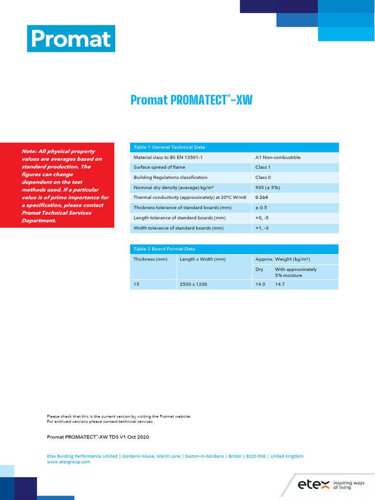 Promat Tds Promatect XW Oct20 WM | PDF