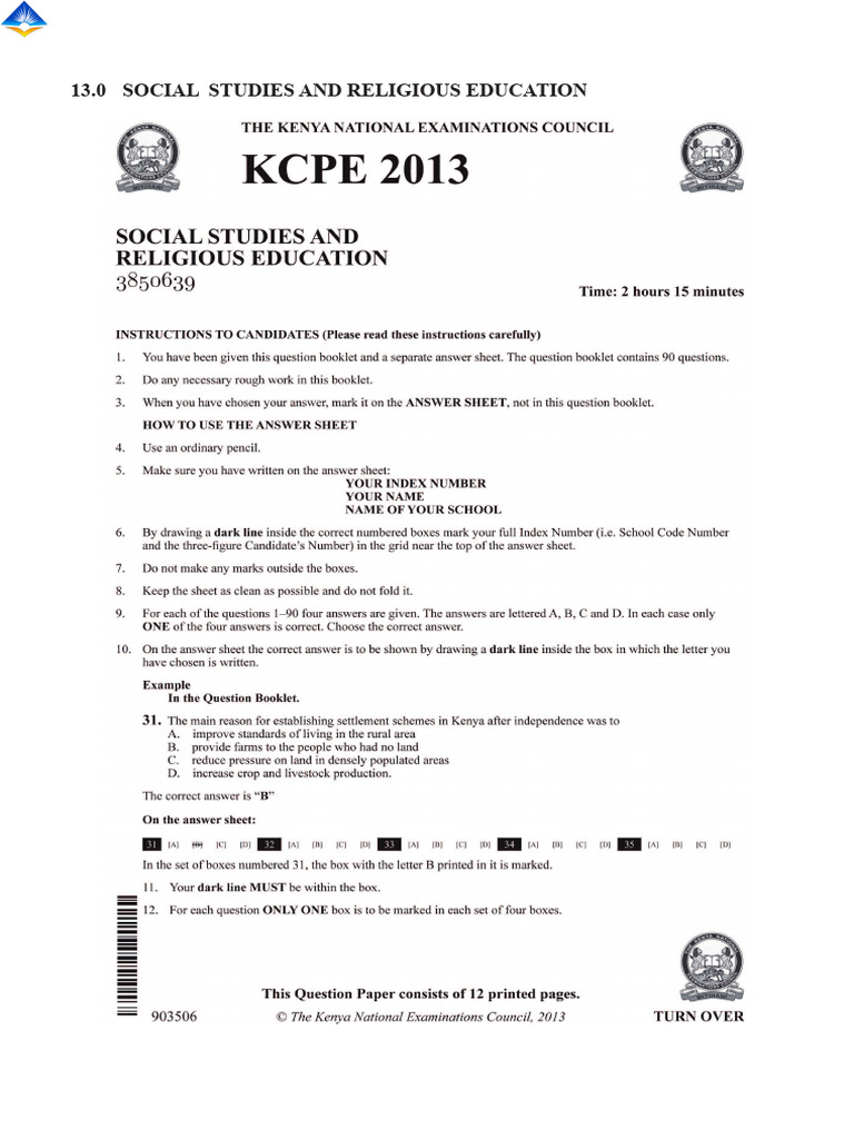 social-studies-religious-education-question-paper-kcpe-2013 | PDF