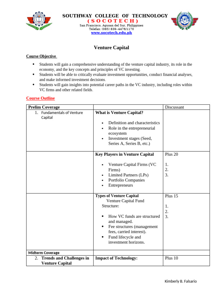 Venture Capital Course Overview | PDF | Venture Capital | Corporate Finance