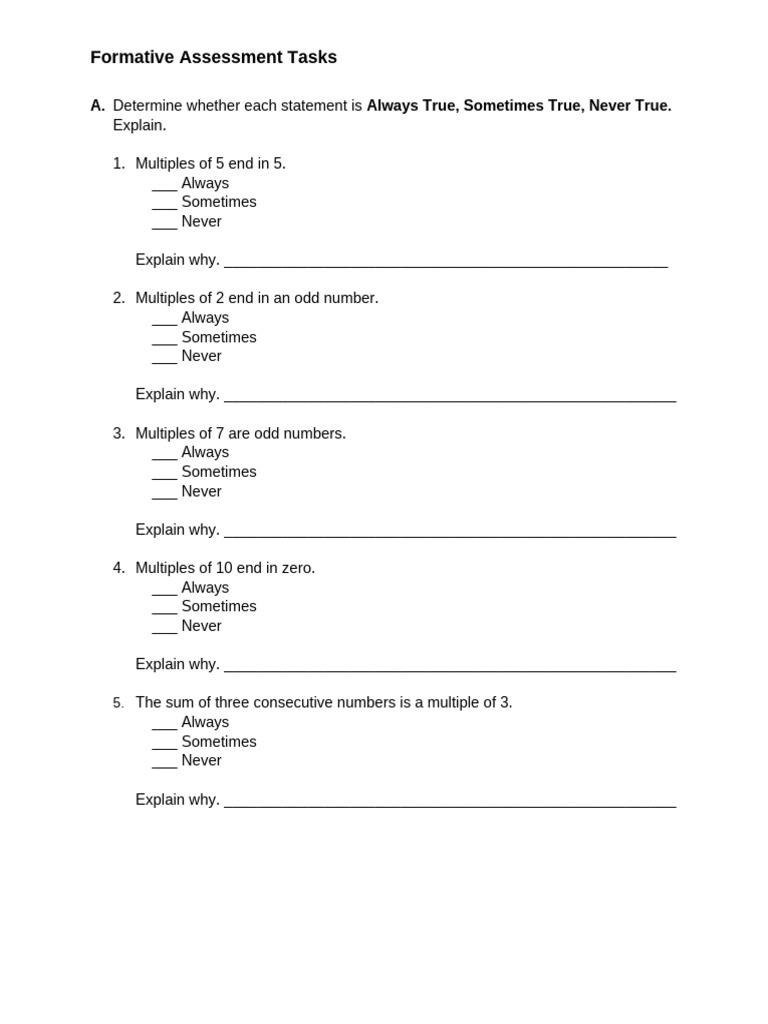 Formative Assessment Tasks | PDF | Elementary Mathematics | Arithmetic