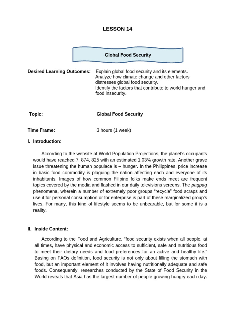 Lesson 14 Global Food Security | PDF | Food Security | Agriculture