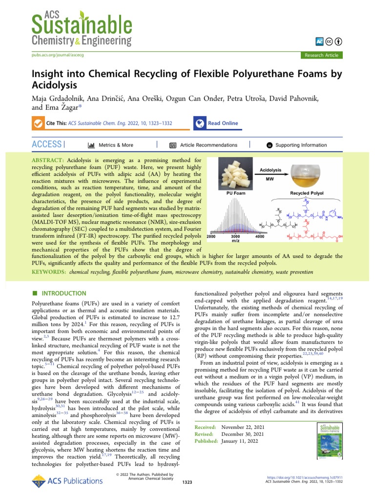 Grdadolnik Et Al 2022 Insight Into Chemical Recycling of Flexible Polyurethane Foams by ...