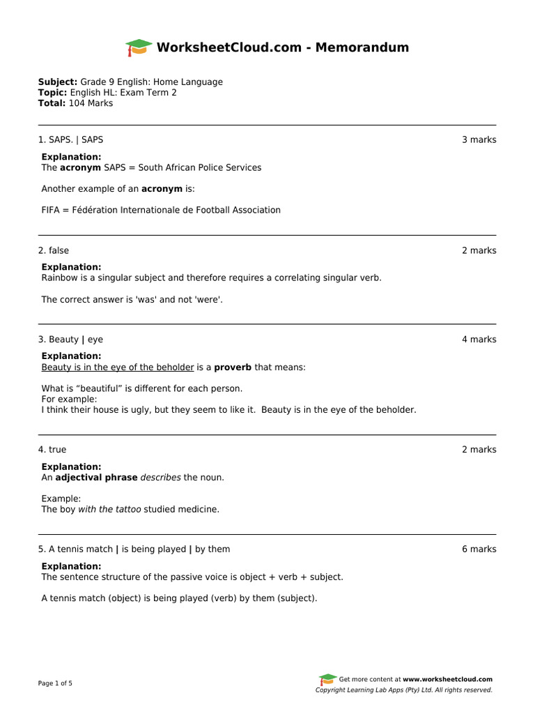 G9 English HL Term 2 Exam MEMO | PDF | Verb | Subject (Grammar)