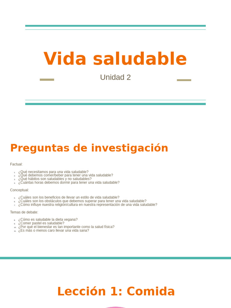 G8 PH 2-3 Unité 2 - Una Vida Saludable | PDF | Pronombre | Alimentos