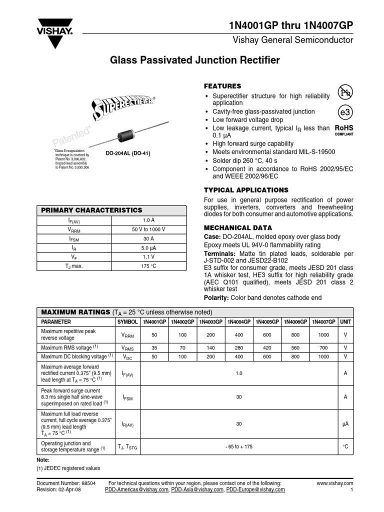 1N4001GP Thru 1N4007GP Datasheet | PDF | Rectifier | Electrical Components