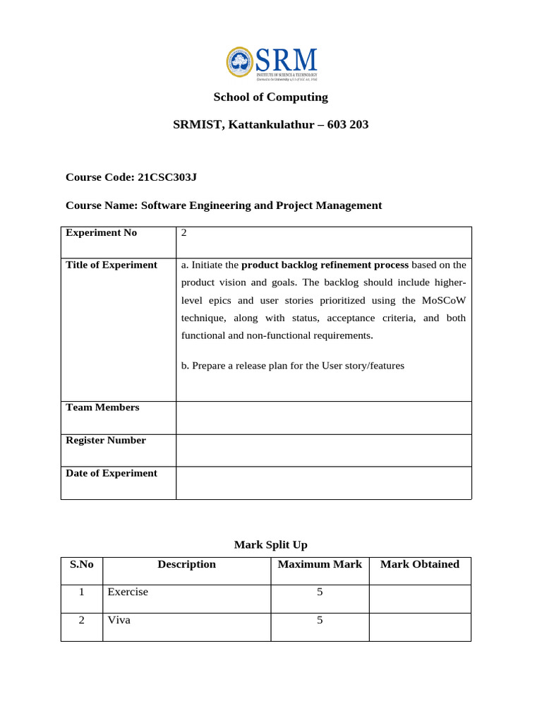 21CSC303J SEPM - Product Backlog Refinement | PDF