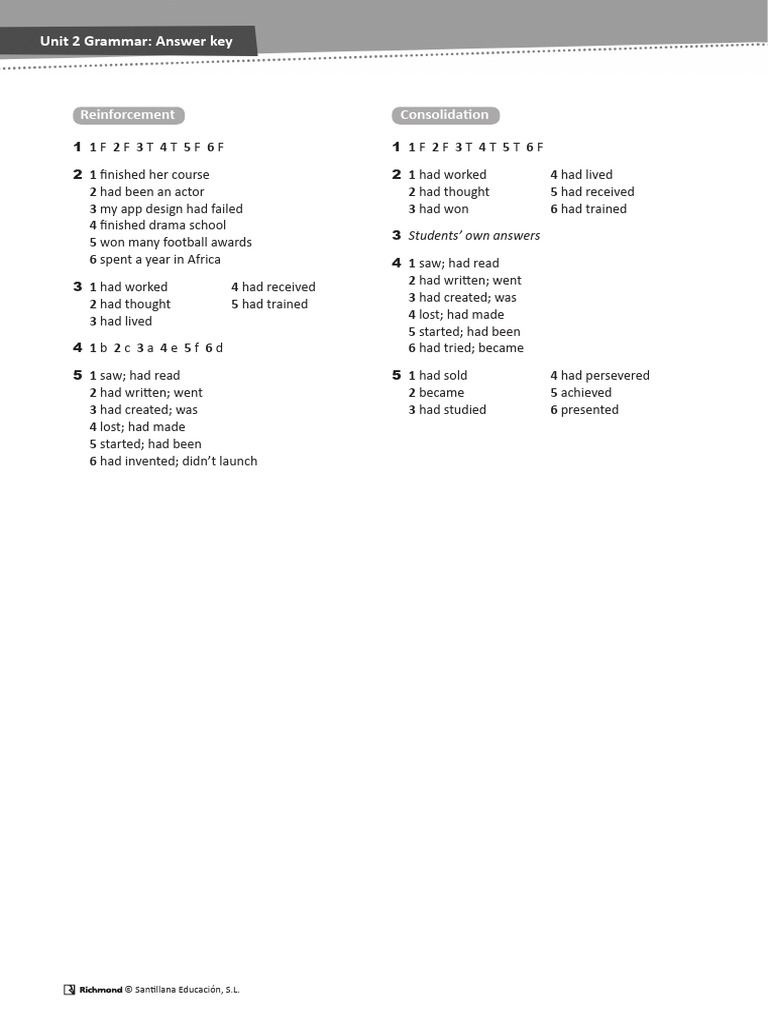 Unit 2 Grammar Answer Key | PDF