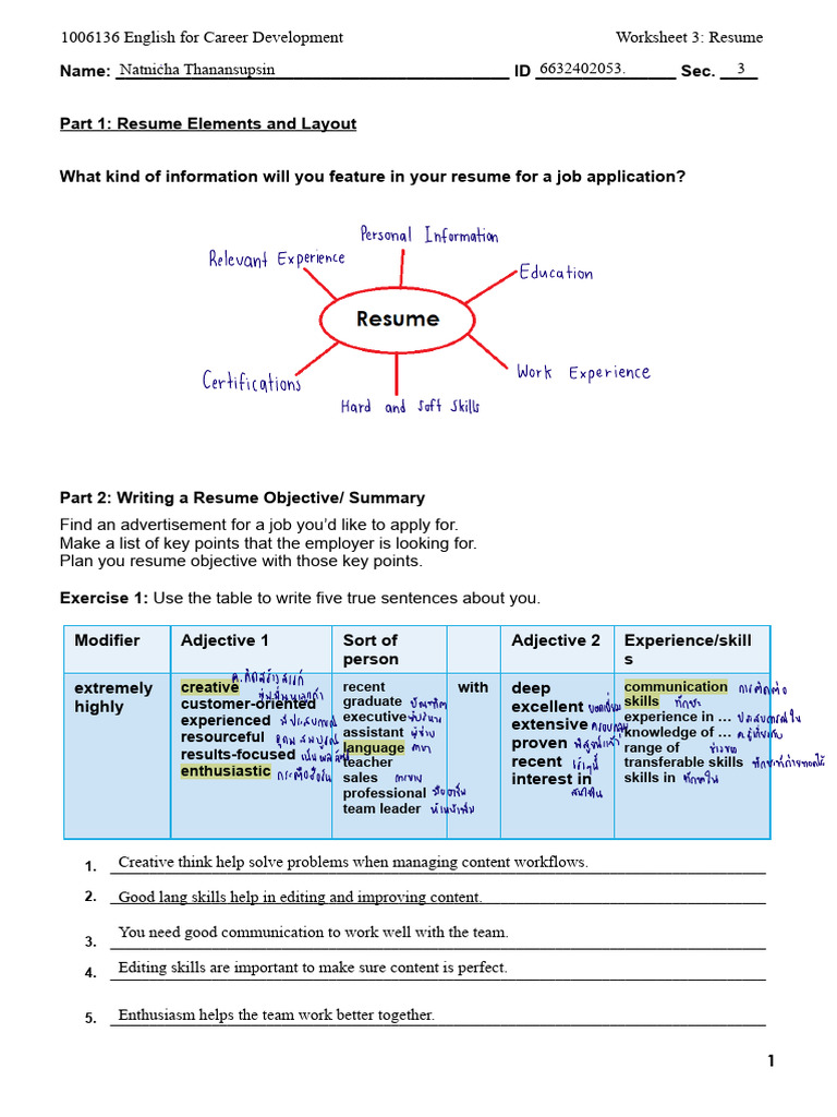 NATNICHA THANASUPSIN - Worksheet 3 - Resume Writing | PDF | Human ...