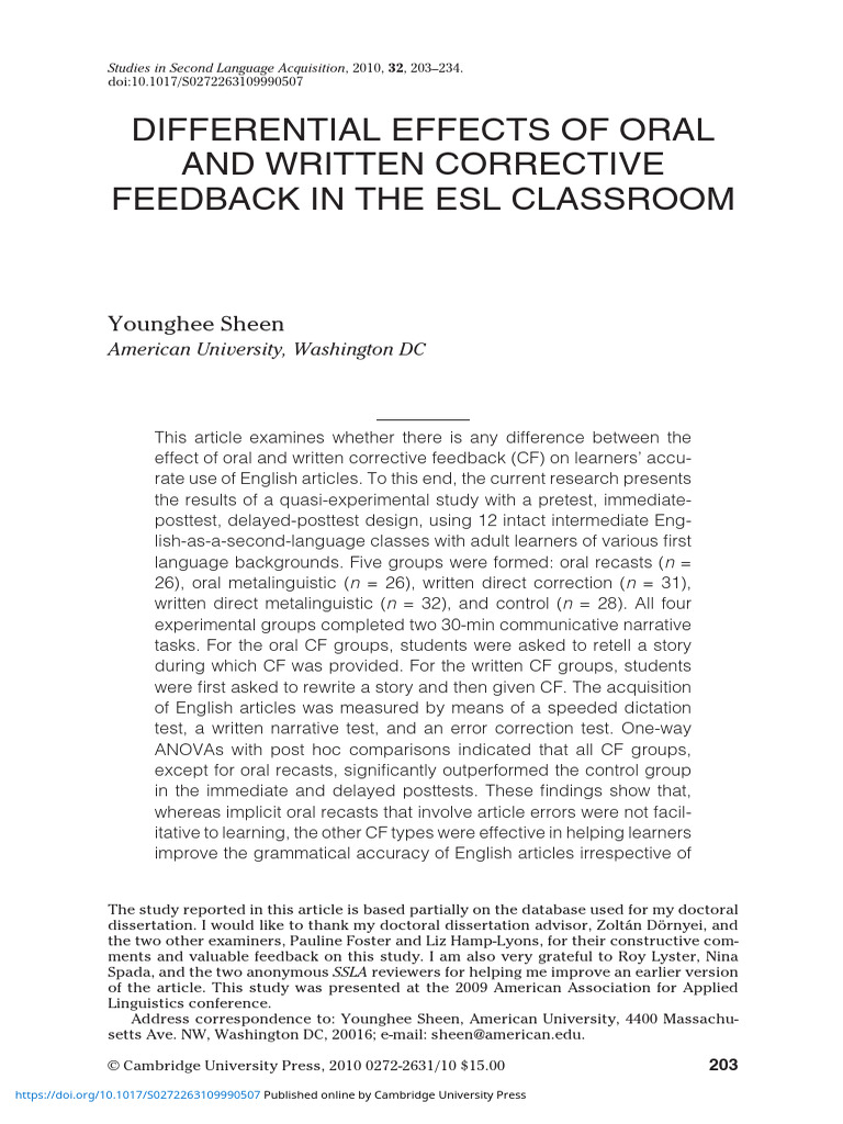 differential-effects-of-oral-and-written-corrective-feedback-in-the-esl-classroom | PDF | Second ...