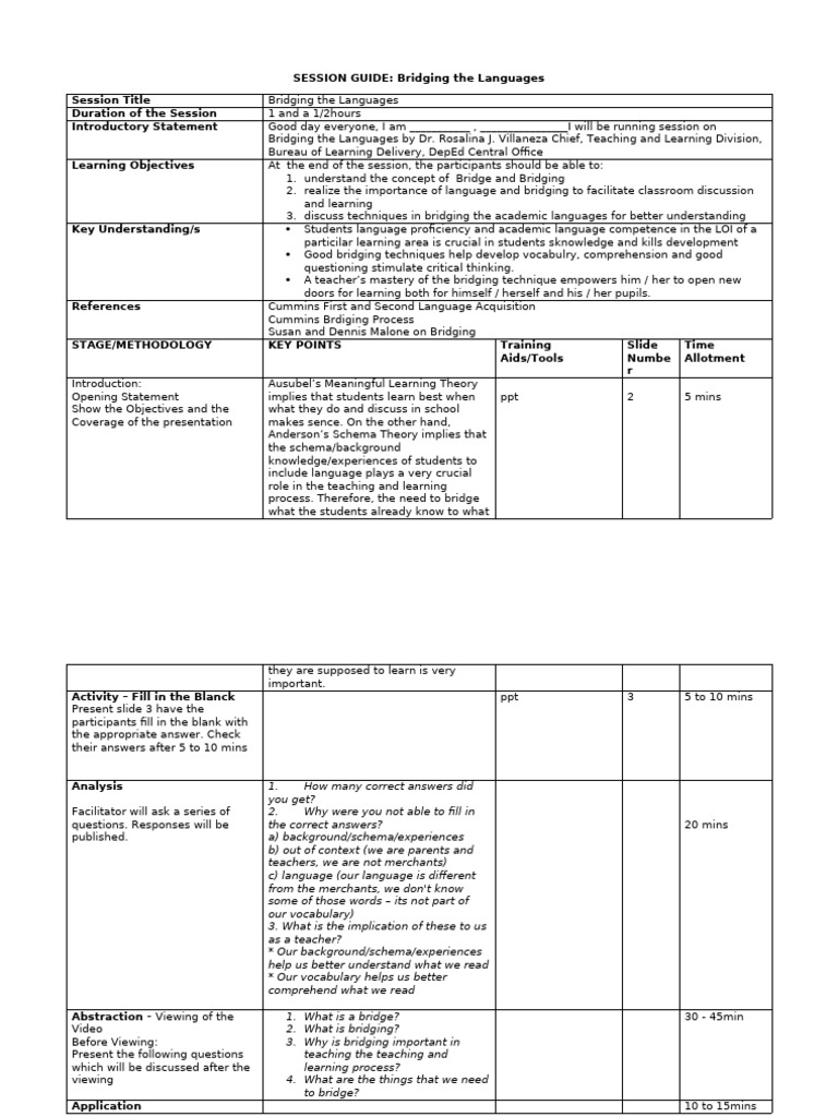 Session Guide in Bridging the Languages copy | PDF | Learning ...
