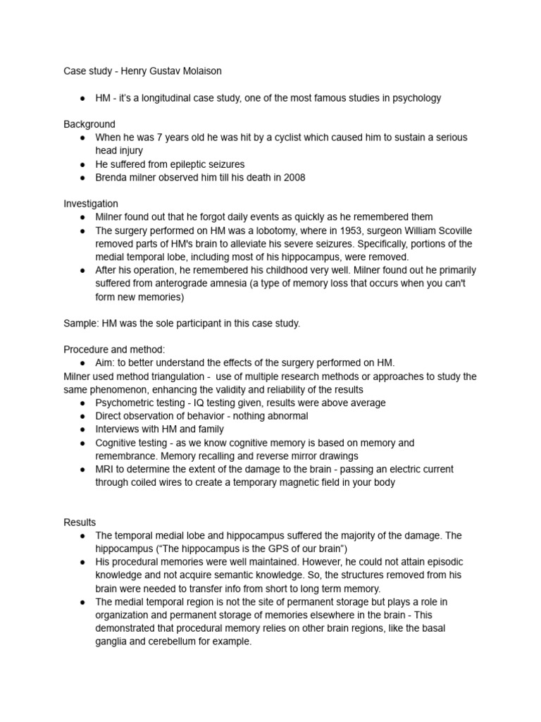 HM Case Study: Memory and Amnesia | PDF | Amnesia | Memory