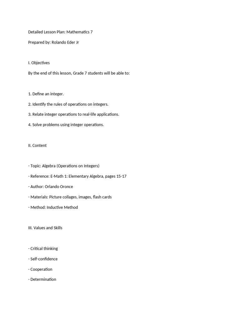 Grade 7 Integer Operations Lesson Plan | PDF | Multiplication | Numbers