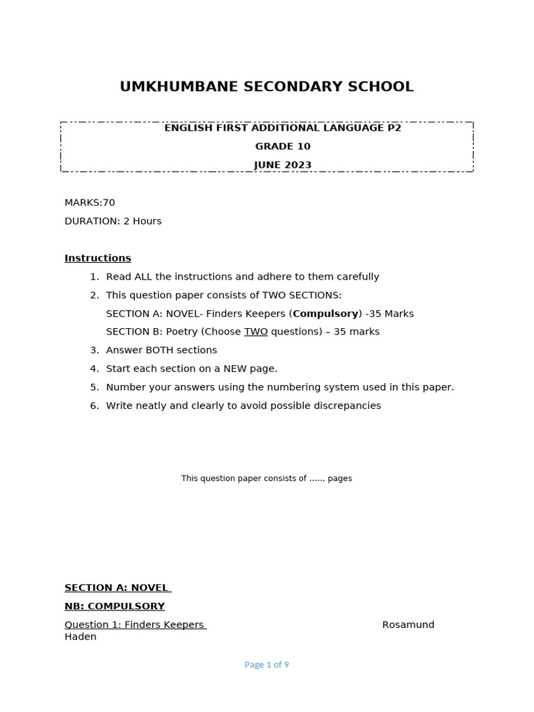 Grade 10 Formal Assessment Task Task 6 2023 | PDF | Poetry