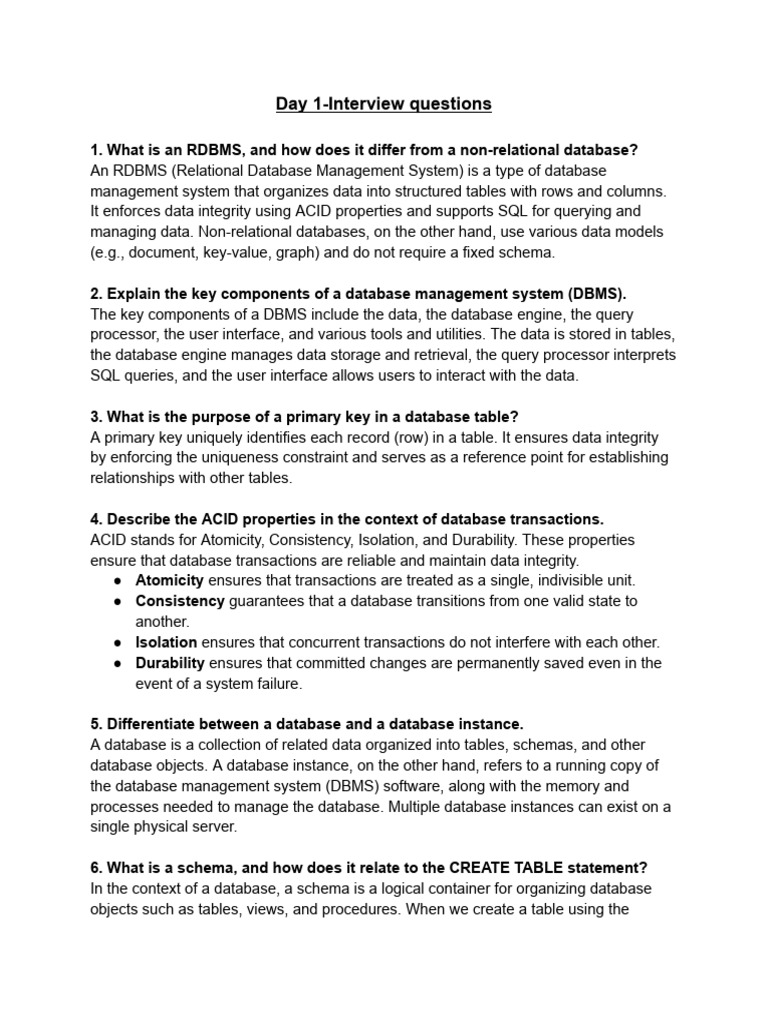 Day 1-Interview Questions(RDBMS,MYSQL) | PDF | Databases | Relational Database