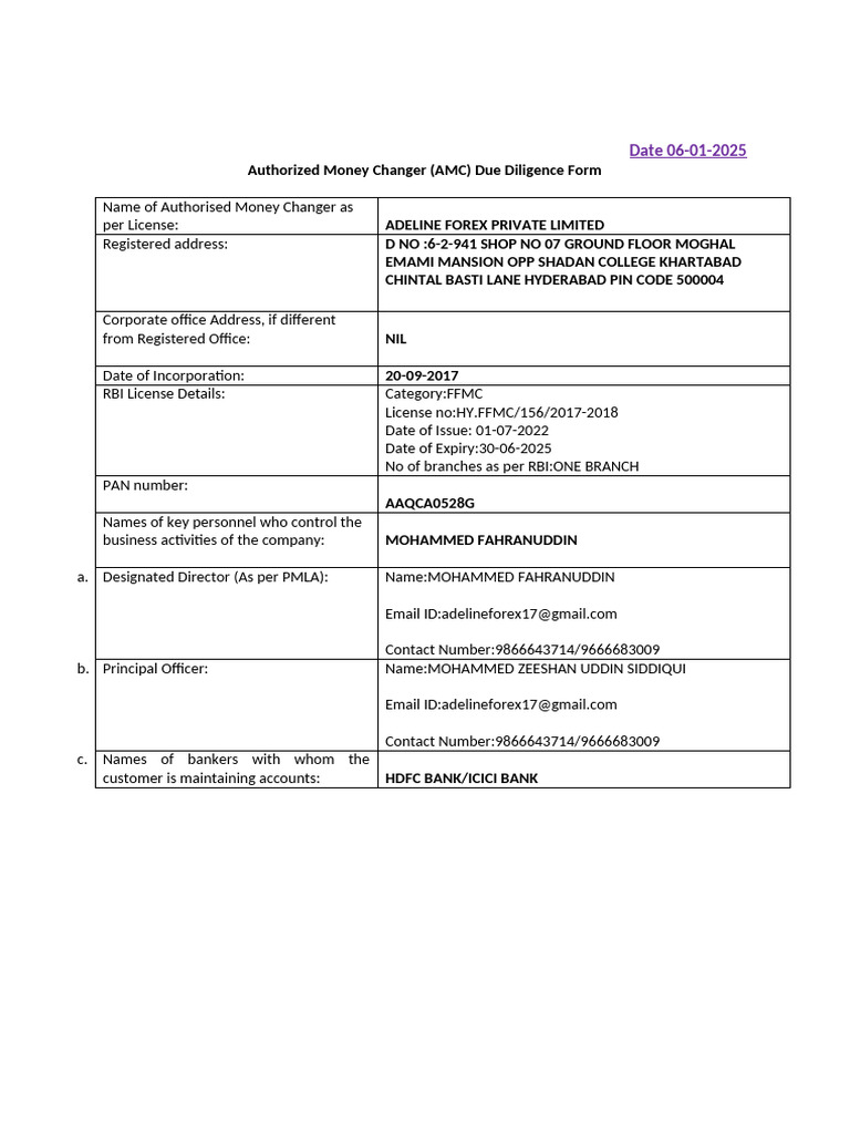 AMC Due Diligence Form | PDF | Reserve Bank Of India | Foreign Exchange ...