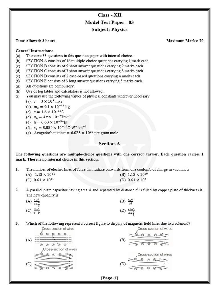 Class XII Physics Model Test Paper 03 | PDF | Capacitance | Electron
