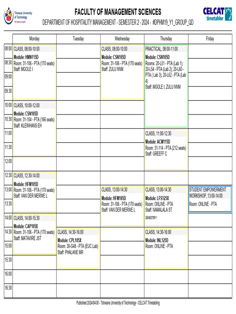 TUT Hospitality Management Timetable 2024 | PDF