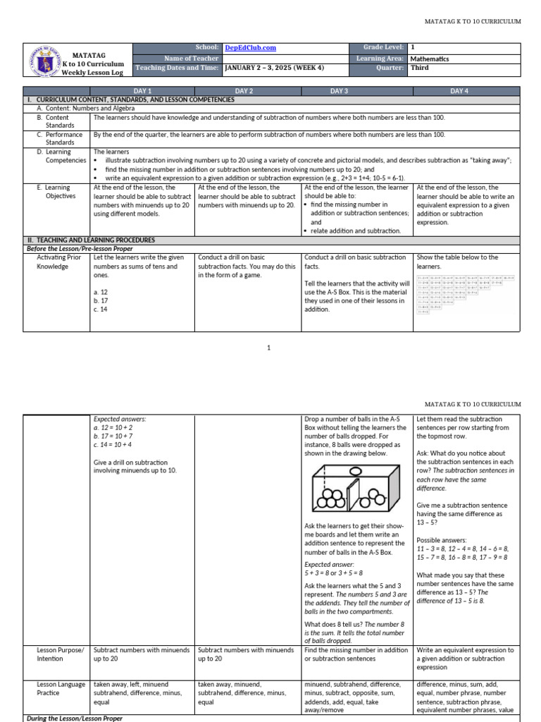 DLL Matatag - Mathematics 1 q3 - w4 | PDF | Subtraction | Cognition