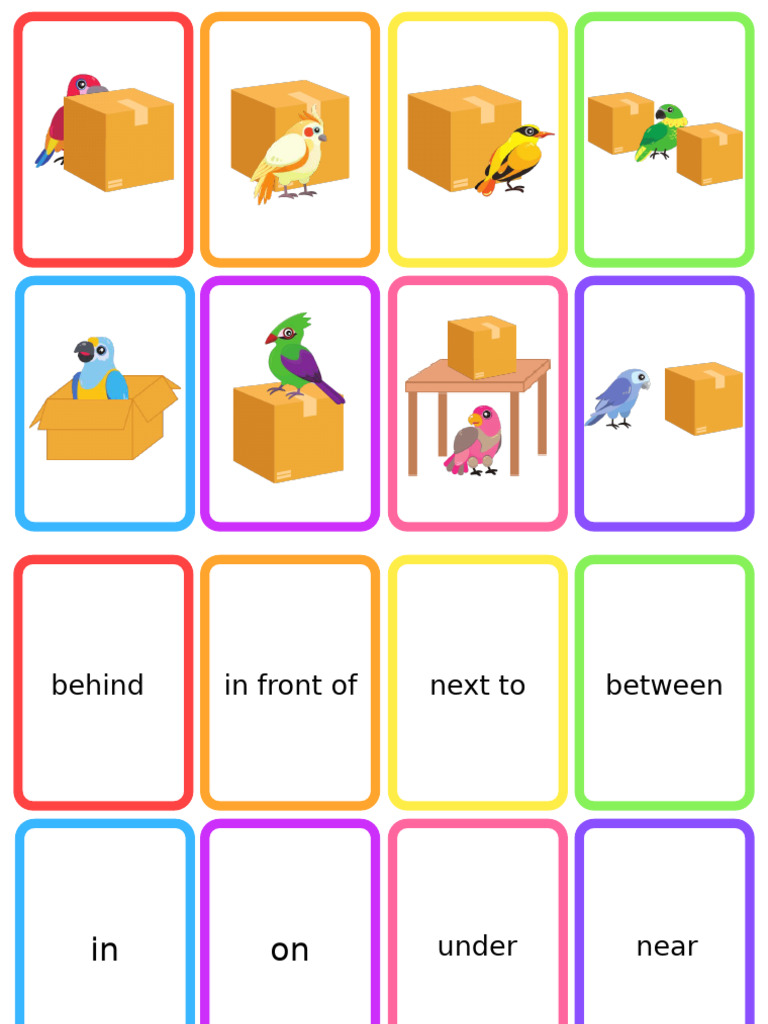 Colorful Birds Prepositions of Place Flashcards | PDF
