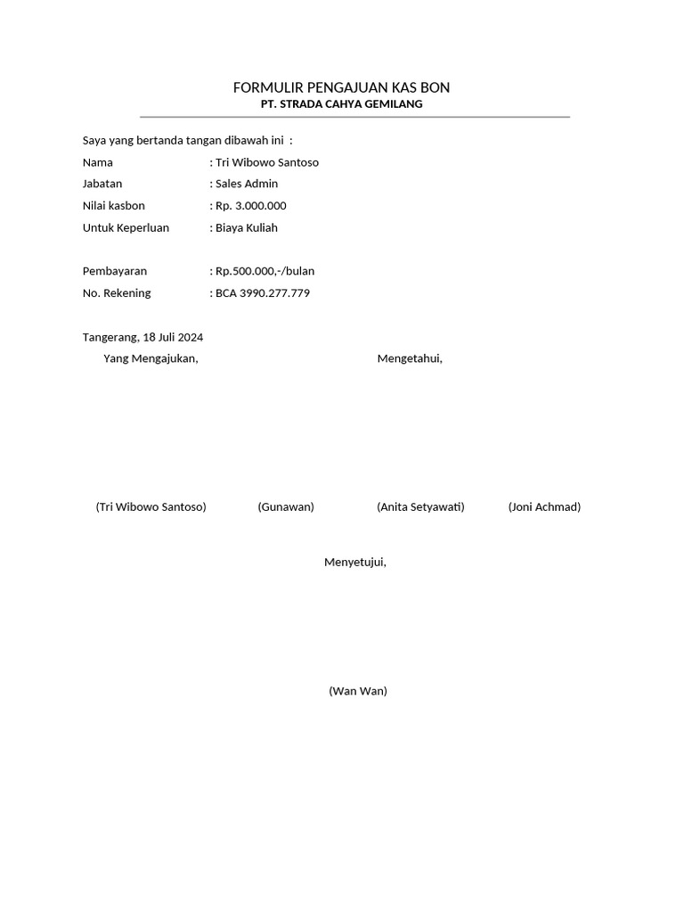 Formulir Pengajuan Kas Bon Bowo | PDF