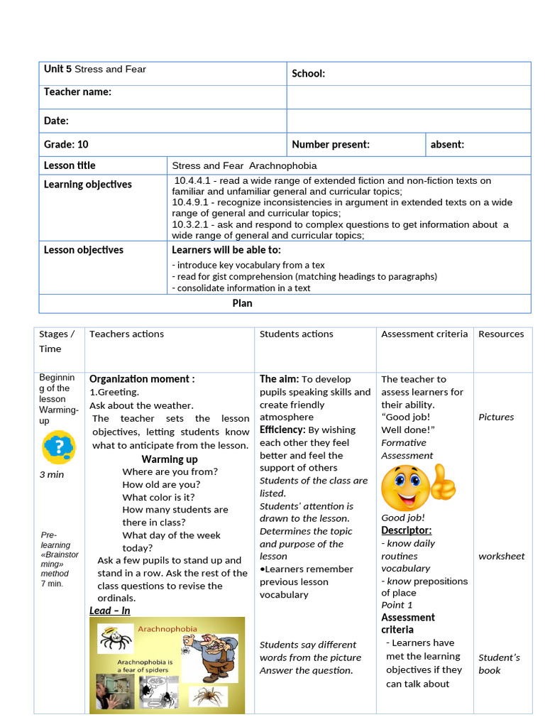 Lesson 64 Stress and Fear Arachnophobia | PDF | Reading Comprehension ...