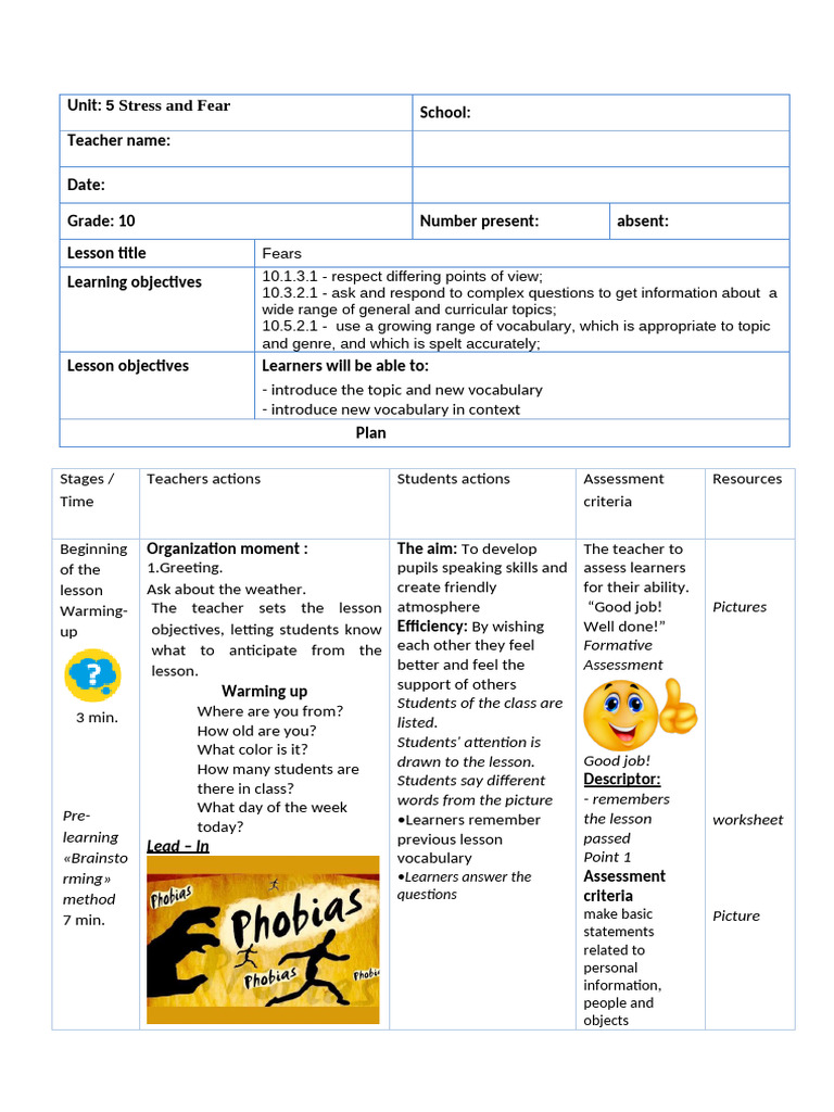 Teaching Stress and Fear in Grade 10 | PDF | Vocabulary | Behavioural ...