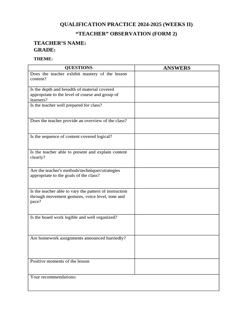 Teacher Observation Form 2024-2025 | PDF