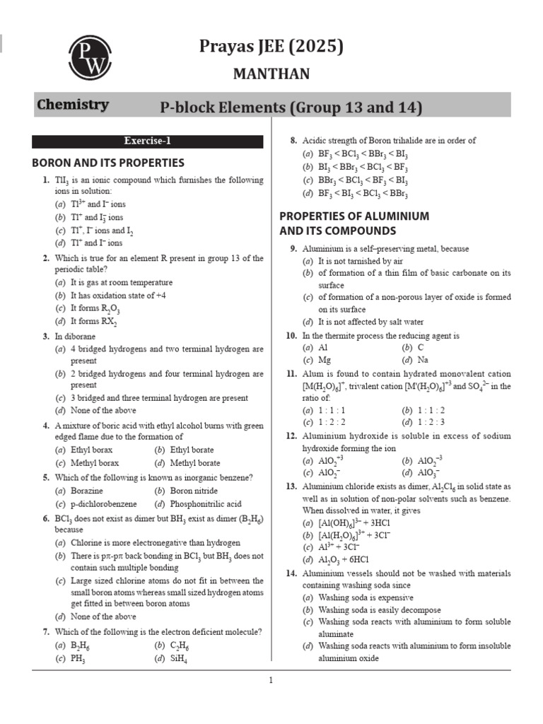P-Block Elements (Group 13 and 14) - Standard Practice Sheet (JEE Mains) - Manthan - Prayas JEE ...