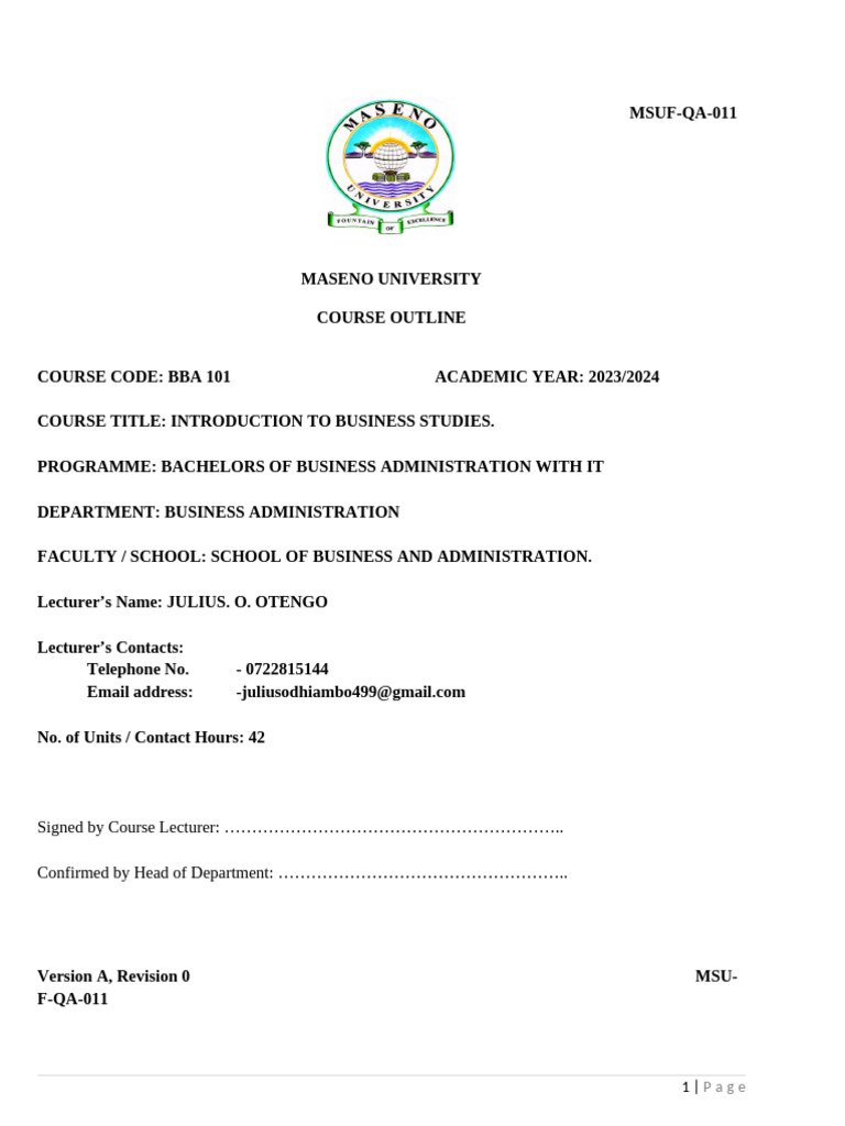 Bba 101 Course Outline Asa Format | PDF | Entrepreneurship | Business