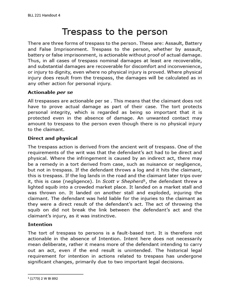 BLL 221 - Handout - Trespass To The Person | PDF | Arrest | Trespass