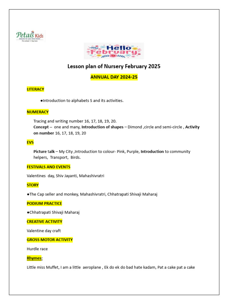Nursery Lesson Plan February 2025 | PDF