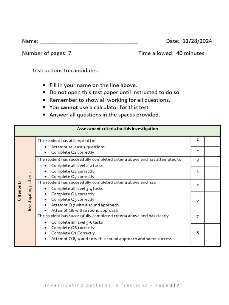 Criterion B Summative Assessment Unit 1 Patterns with fractions | PDF ...