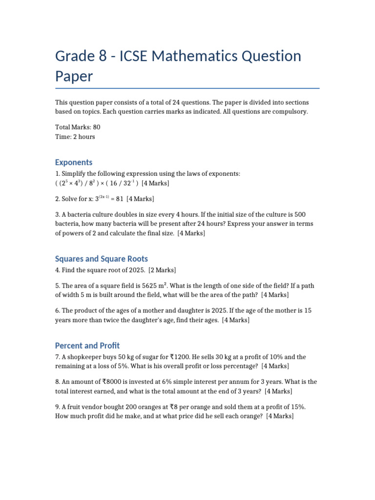 Grade 8 ICSE Maths Question Paper | PDF | Euclid | Elementary Geometry