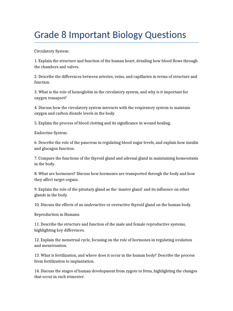 Important Biology Questions Grade8 | PDF | Human Body | Cell (Biology)
