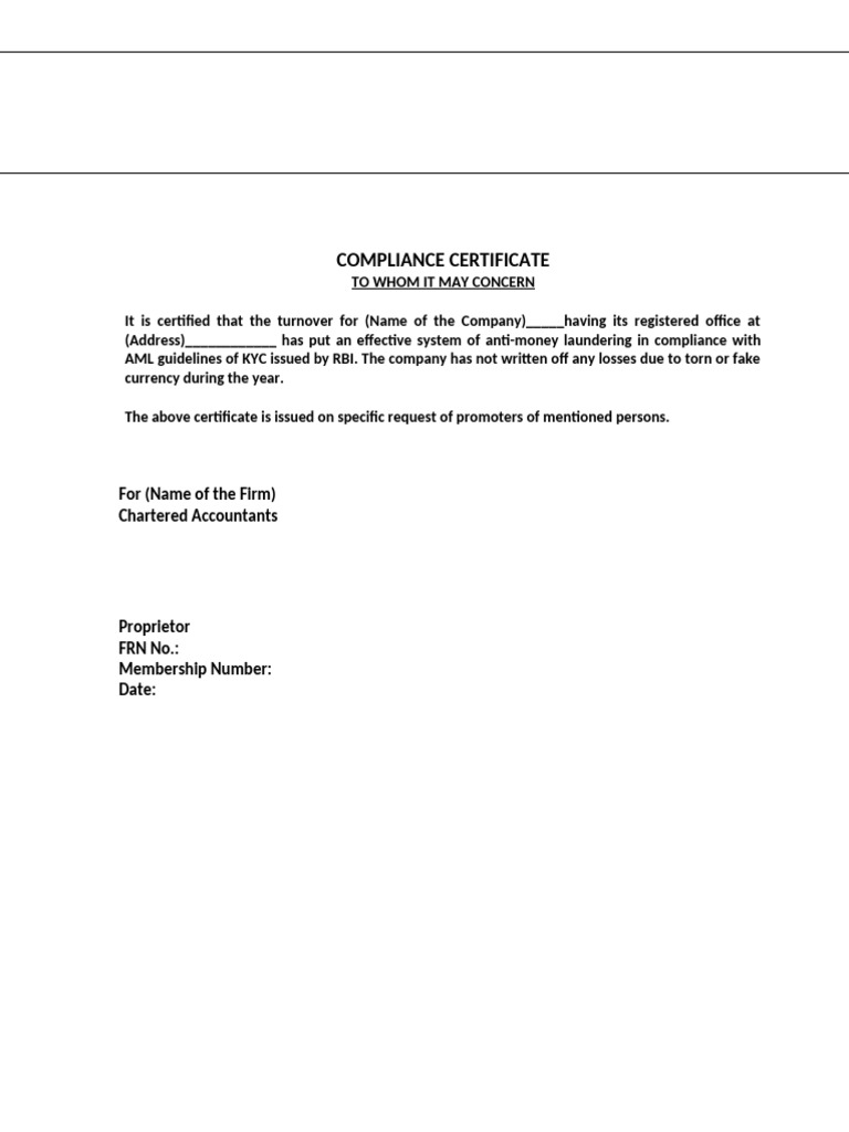 AML Compliance Certificate Template | PDF