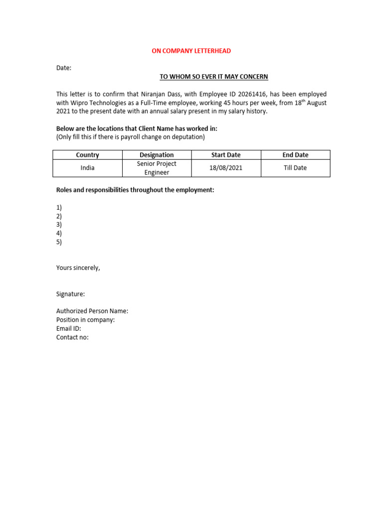 Wipro Employment Confirmation Letter | PDF