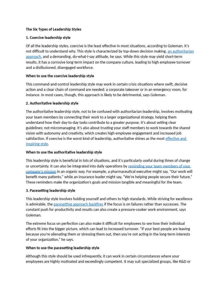 The Six Types of Leadership Styles | PDF | Leadership | Psychology