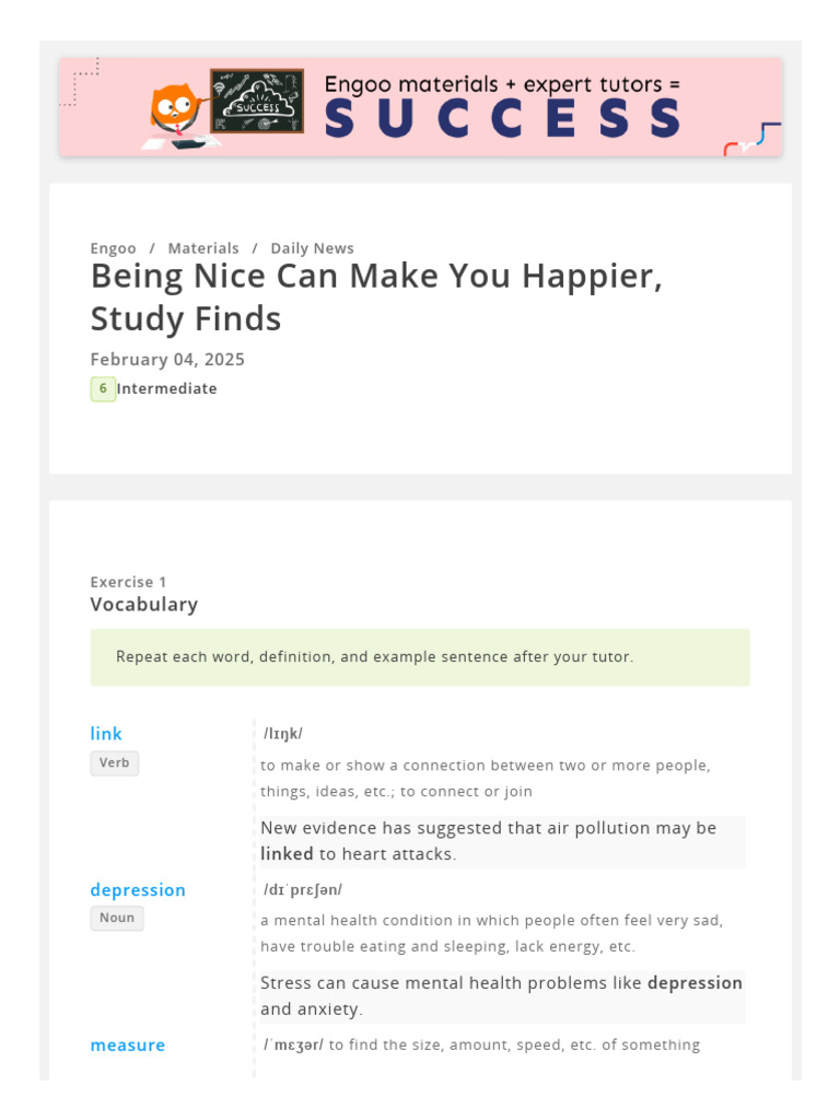 Being Nice Can Make You Happier, Study Finds - Engoo Daily News | PDF ...