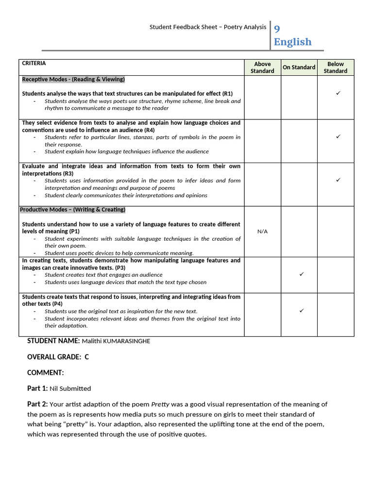 Math - Student Feedback Sheet - Poetry Analysis | PDF | Poetry | Human ...