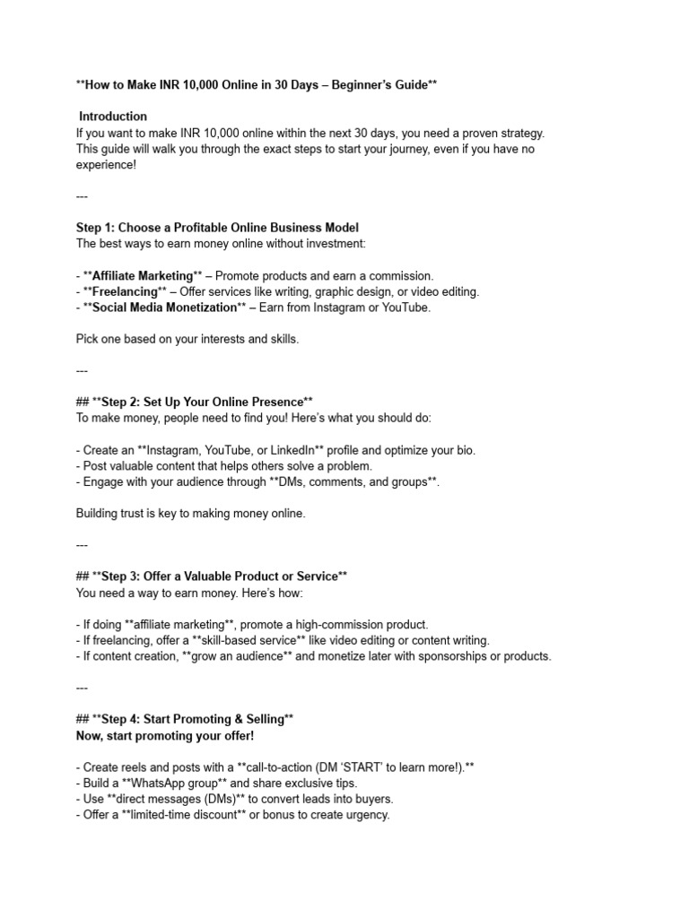 How To Make INR 10,000 Online in 30 Dasys - Beginner's Guide | PDF