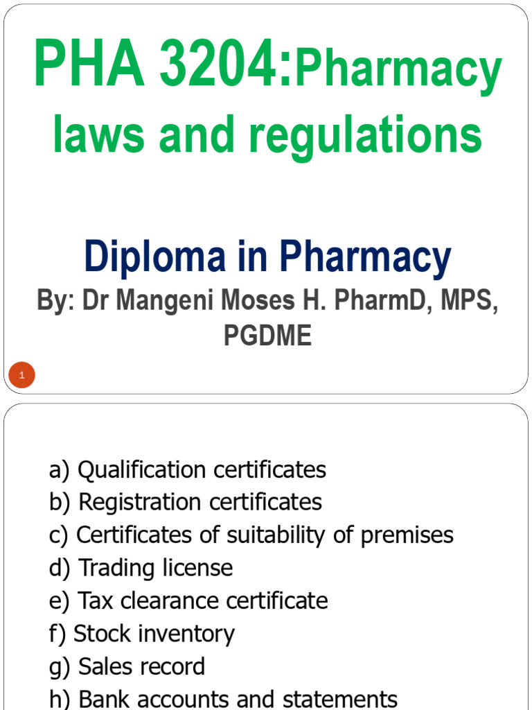 1. Pharmacy laws PHA 3204- notes | PDF | Pharmacy | Pharmacist