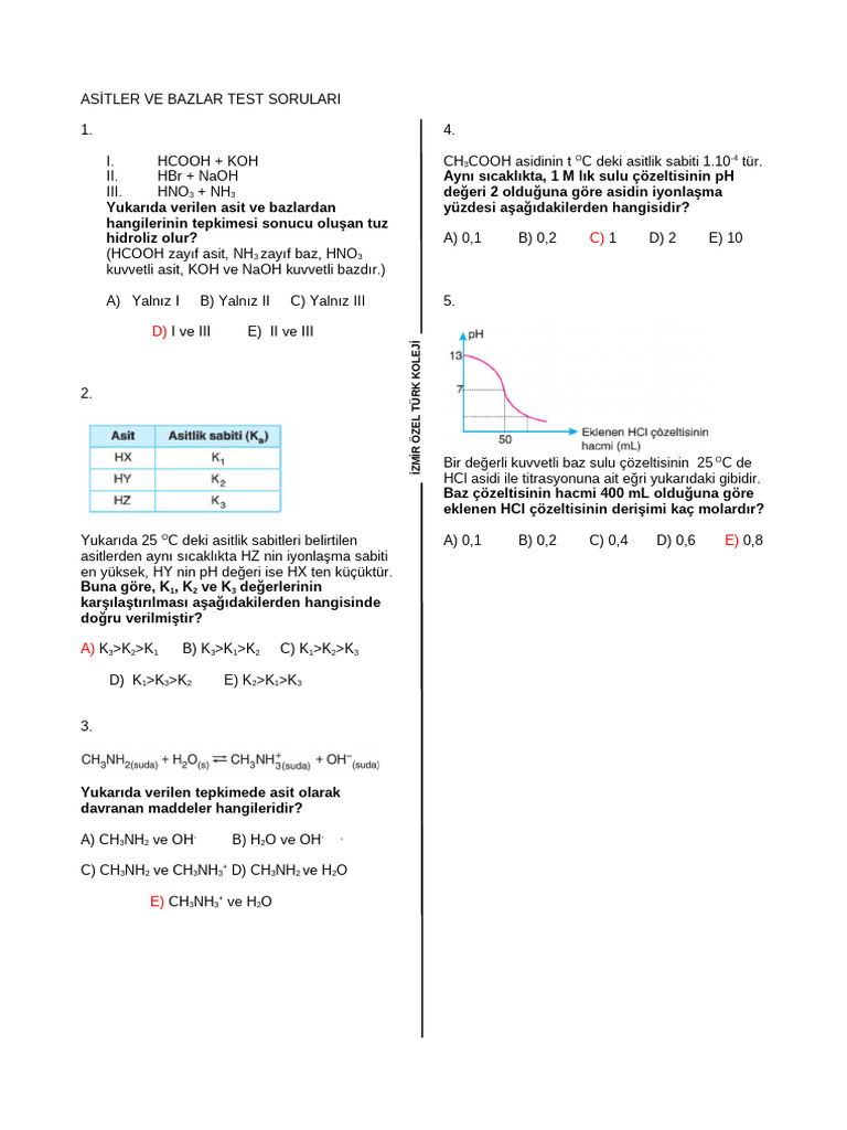 Asit Bazlarda Denge Test Soruları | PDF