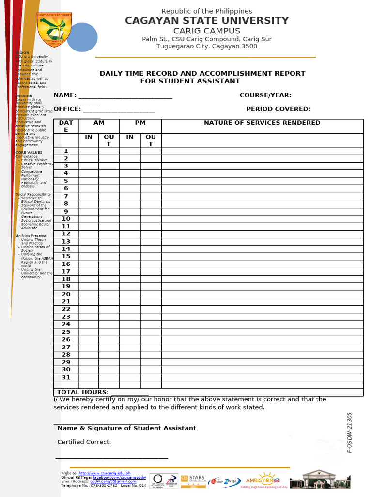 DTR AND ACCOMPLISHMENT REPORT STUDENT ASSISTANTS | PDF