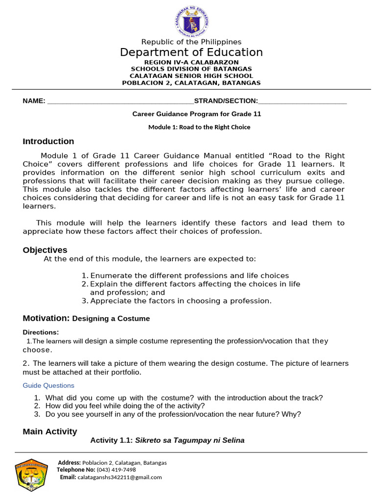 Module 1 Career Guidance Grade 11 | PDF | Vocational Education ...