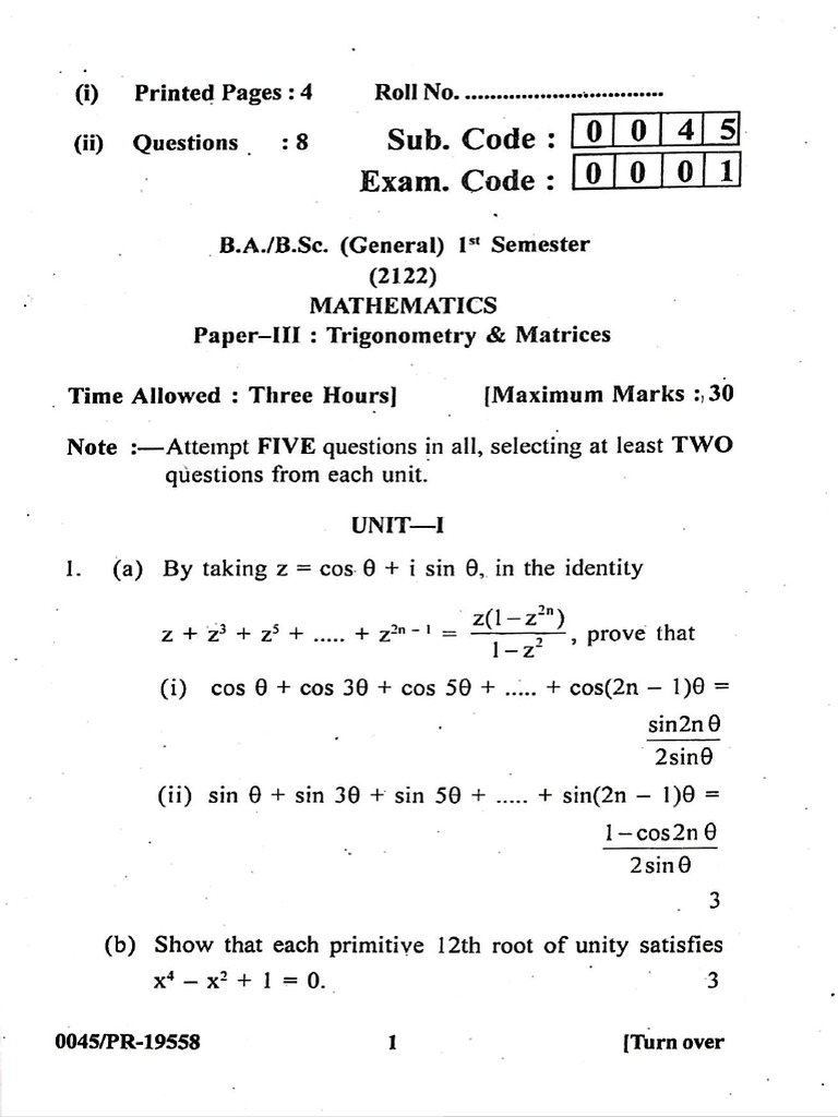 BA BSC General 1st Sem Mathematics Paper III Trigonometry & Matrices December 2022 | PDF