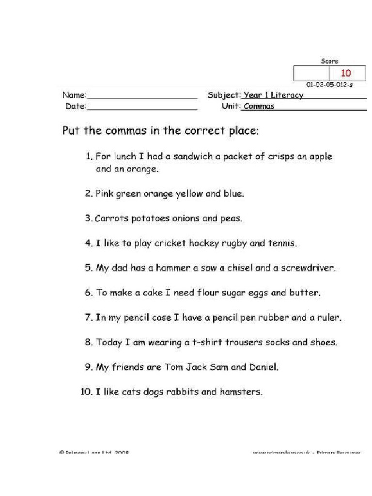 Commas Grade 4 | PDF